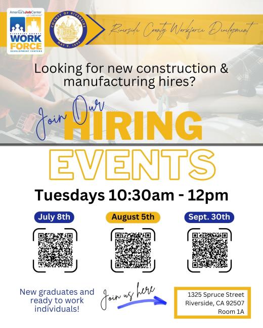 Riverside, CA - Construction & Manufacturing Hiring Event | Riverside County Workforce Development